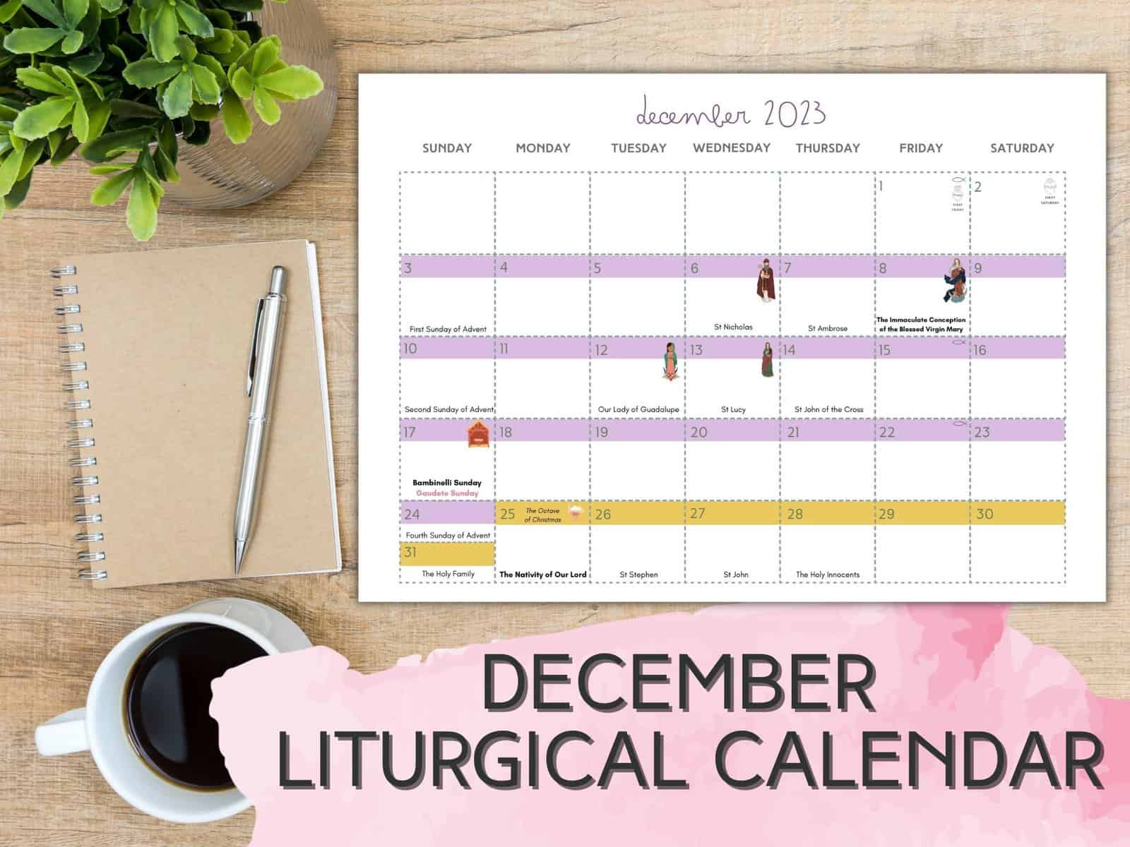 Free Printable Catholic Liturgical Calendar for December - Kindling Wild